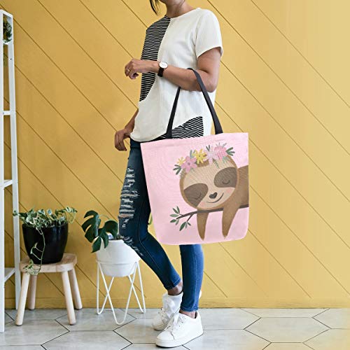 ALAZA Large Canvas Tote Bag Cute Sloth Flower Pink Shopping Shoulder Handbag with Small Zippered Pocket