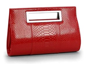 arcly classic crocodile pattern pu leather metal grip clutch purse for women evening party tote lady handbag, red, large