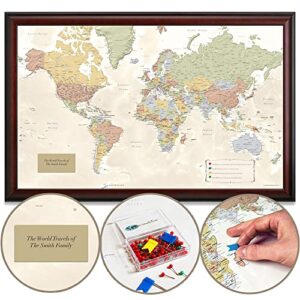 map your travels deluxe push pin world map | premium wood frame | personalized gift map | handmade in minnesota | 33″ x 21″