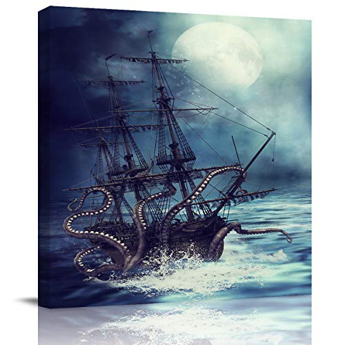 Square Canvas Wall Art Oil Painting for Bedroom Bathroom Living Room Home Decor,Kraken Octopus Monster Pirate Ship Artworks for Hotel Office Salon,Stretched by Wooden Frame,Ready to Hang,20x20in