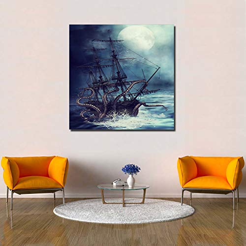 Square Canvas Wall Art Oil Painting for Bedroom Bathroom Living Room Home Decor,Kraken Octopus Monster Pirate Ship Artworks for Hotel Office Salon,Stretched by Wooden Frame,Ready to Hang,20x20in