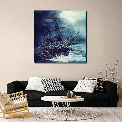 Square Canvas Wall Art Oil Painting for Bedroom Bathroom Living Room Home Decor,Kraken Octopus Monster Pirate Ship Artworks for Hotel Office Salon,Stretched by Wooden Frame,Ready to Hang,20x20in