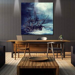 Square Canvas Wall Art Oil Painting for Bedroom Bathroom Living Room Home Decor,Kraken Octopus Monster Pirate Ship Artworks for Hotel Office Salon,Stretched by Wooden Frame,Ready to Hang,20x20in