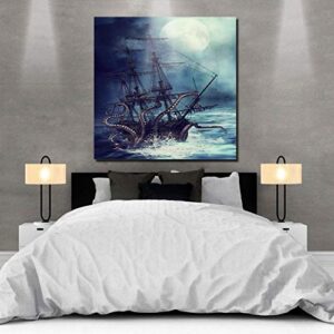 Square Canvas Wall Art Oil Painting for Bedroom Bathroom Living Room Home Decor,Kraken Octopus Monster Pirate Ship Artworks for Hotel Office Salon,Stretched by Wooden Frame,Ready to Hang,20x20in