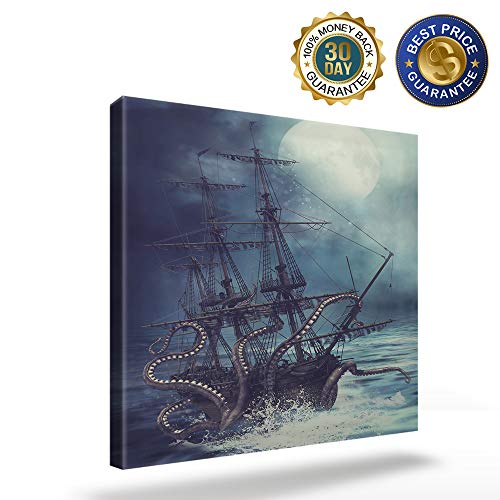 Square Canvas Wall Art Oil Painting for Bedroom Bathroom Living Room Home Decor,Kraken Octopus Monster Pirate Ship Artworks for Hotel Office Salon,Stretched by Wooden Frame,Ready to Hang,20x20in