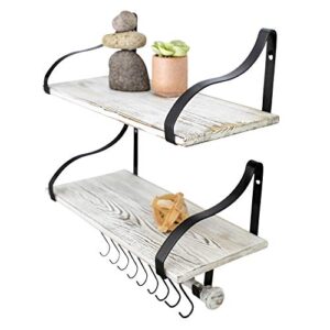 wall mounted floating spice shelves with towel bar and removable hooks, solid wood, rustic shelving storage, for kitchens, bathrooms and more, farmhouse wall décor, 16.75” long x 7.5” (white washed)