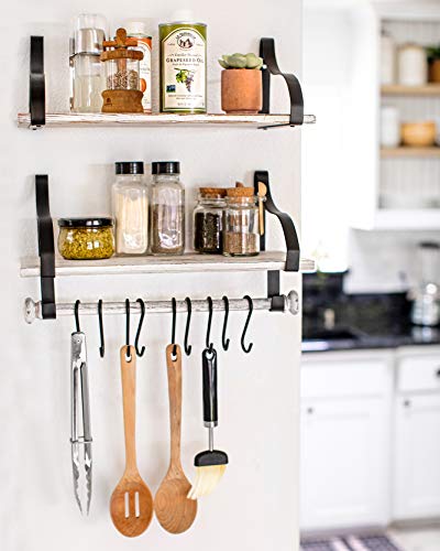 Wall Mounted Floating Spice Shelves with Towel Bar and Removable Hooks, Solid Wood, Rustic Shelving Storage, for Kitchens, Bathrooms and More, Farmhouse Wall Décor, 16.75” Long x 7.5” (White Washed)