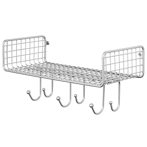 mDesign Metal Wire Farmhouse Wall Decor Storage Organizer Shelf with 6 Hooks for Entryway, Hallway, Mudroom, Bedroom, Bathroom, Laundry Room - Wall Mount - Chrome