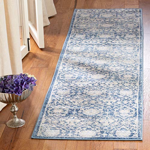 SAFAVIEH Brentwood Collection 2' x 14' Navy / Cream BNT896N Floral Distressed Non-Shedding Living Room Bedroom Runner Rug