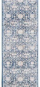 SAFAVIEH Brentwood Collection 2' x 14' Navy / Cream BNT896N Floral Distressed Non-Shedding Living Room Bedroom Runner Rug