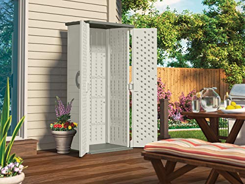 Suncast Vertical Tool Shed - Outdoor Storage Shed for Backyards and Patios - 20 Cubic Feet Capacity for Long Handled Tools and Garden Accessories