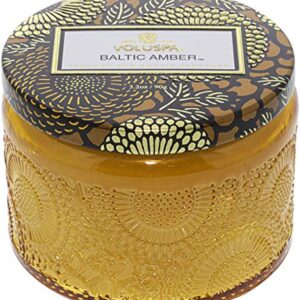 Voluspa Baltic Amber Candle | Petite Embossed Glass Jar | 3.2 Oz. | 25 Hr Burn Time | Vegan | Coconut Wax and Natural Wicks for Clean Burning