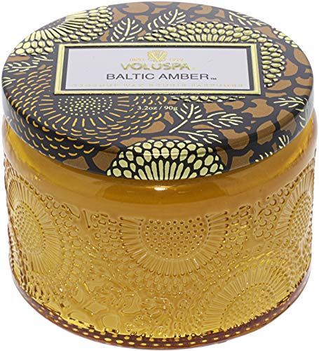 Voluspa Baltic Amber Candle | Petite Embossed Glass Jar | 3.2 Oz. | 25 Hr Burn Time | Vegan | Coconut Wax and Natural Wicks for Clean Burning