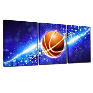 3 panel blue lightning basketball camvas wall art paintings for boys room decals,framed,12x16inchx3 (blue basketball)