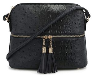 sg sugu crocodile pattern lightweight medium dome crossbody bag shoulder bag with tassel | black