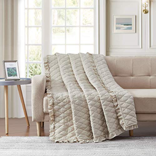 BOURINA Quilted Throw Blanket with Ruffles Pre-Washed Microfiber Ultra Soft Cozy Lightweight for Couch Bed Sofa Throw Blankets,Beige,60"x80"