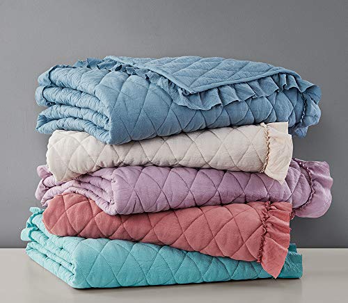 BOURINA Quilted Throw Blanket with Ruffles Pre-Washed Microfiber Ultra Soft Cozy Lightweight for Couch Bed Sofa Throw Blankets,Beige,60"x80"