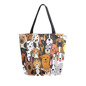 alaza large canvas tote bag cute doodle dog print animal shopping shoulder handbag with small zippered pocket