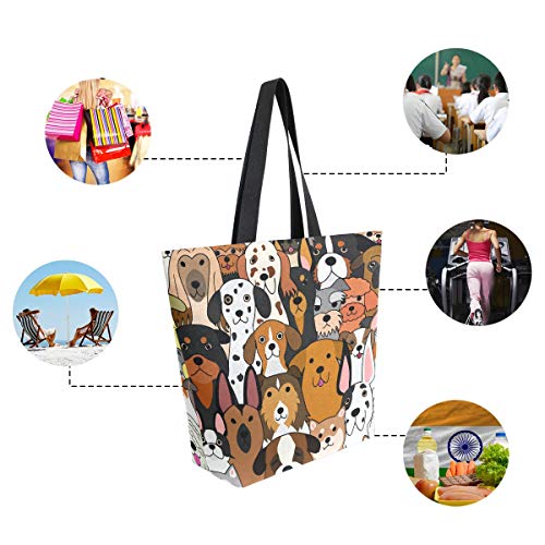 ALAZA Large Canvas Tote Bag Cute Doodle Dog Print Animal Shopping Shoulder Handbag with Small Zippered Pocket