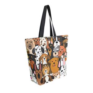 ALAZA Large Canvas Tote Bag Cute Doodle Dog Print Animal Shopping Shoulder Handbag with Small Zippered Pocket