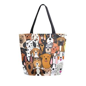 ALAZA Large Canvas Tote Bag Cute Doodle Dog Print Animal Shopping Shoulder Handbag with Small Zippered Pocket