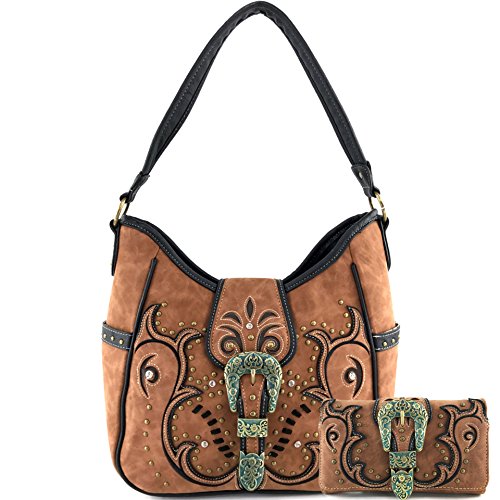 Justin West Patina Girl Western Bronze Floral Buckle Handbag Purse Tote and Strap Wallet (Brown Tote and Wallet)