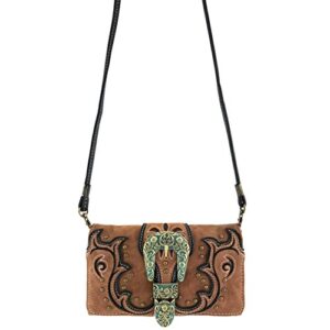 Justin West Patina Girl Western Bronze Floral Buckle Handbag Purse Tote and Strap Wallet (Brown Tote and Wallet)