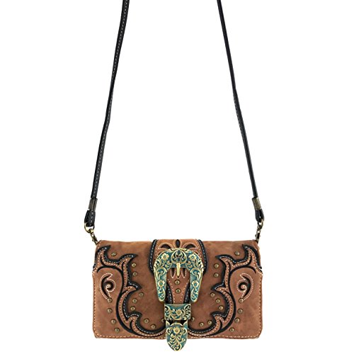 Justin West Patina Girl Western Bronze Floral Buckle Handbag Purse Tote and Strap Wallet (Brown Tote and Wallet)