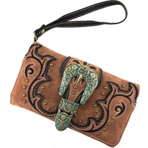 Justin West Patina Girl Western Bronze Floral Buckle Handbag Purse Tote and Strap Wallet (Brown Tote and Wallet)