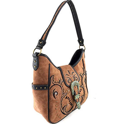 Justin West Patina Girl Western Bronze Floral Buckle Handbag Purse Tote and Strap Wallet (Brown Tote and Wallet)