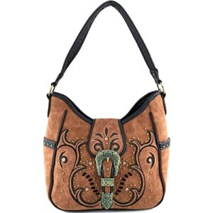 Justin West Patina Girl Western Bronze Floral Buckle Handbag Purse Tote and Strap Wallet (Brown Tote and Wallet)