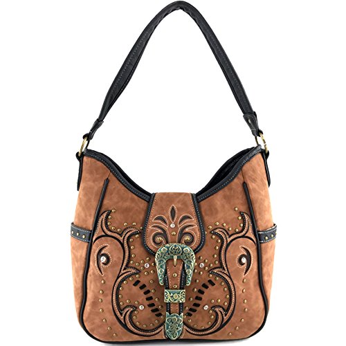 Justin West Patina Girl Western Bronze Floral Buckle Handbag Purse Tote and Strap Wallet (Brown Tote and Wallet)