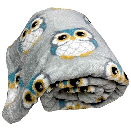 Just Home Fun Print Soft Cozy Lightweight 50 x 60 Fleece Throw Blanket (Tan with Turquoise Owls)