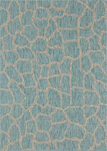 Unique Loom Outdoor Safari Collection Transitional Indoor & Outdoor Wildlife Inspired Animal Print with Giraffe Design Area Rug, 8 ft x 11 ft 4 in, Aqua Blue/Ivory