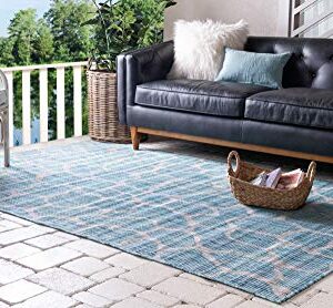 Unique Loom Outdoor Safari Collection Transitional Indoor & Outdoor Wildlife Inspired Animal Print with Giraffe Design Area Rug, 8 ft x 11 ft 4 in, Aqua Blue/Ivory