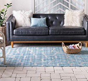 Unique Loom Outdoor Safari Collection Transitional Indoor & Outdoor Wildlife Inspired Animal Print with Giraffe Design Area Rug, 8 ft x 11 ft 4 in, Aqua Blue/Ivory