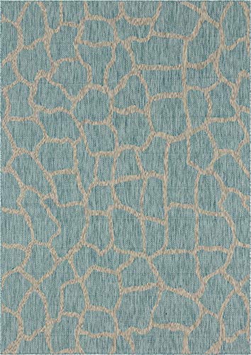 Unique Loom Outdoor Safari Collection Transitional Indoor & Outdoor Wildlife Inspired Animal Print with Giraffe Design Area Rug, 8 ft x 11 ft 4 in, Aqua Blue/Ivory