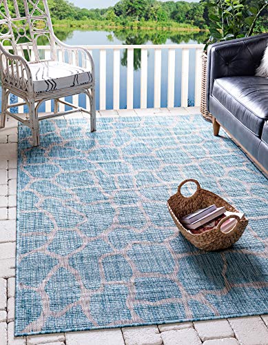 Unique Loom Outdoor Safari Collection Transitional Indoor & Outdoor Wildlife Inspired Animal Print with Giraffe Design Area Rug, 8 ft x 11 ft 4 in, Aqua Blue/Ivory