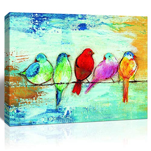 Loomarte Bird Pictures Wall Decor Five Singing Birds Oil Painting Canvas Print Artwork Abstract Painting Walls Art for Home Bathroom Bedroom Kitchen Living Room Ready to Hang, Framed 12x16 inch Panel