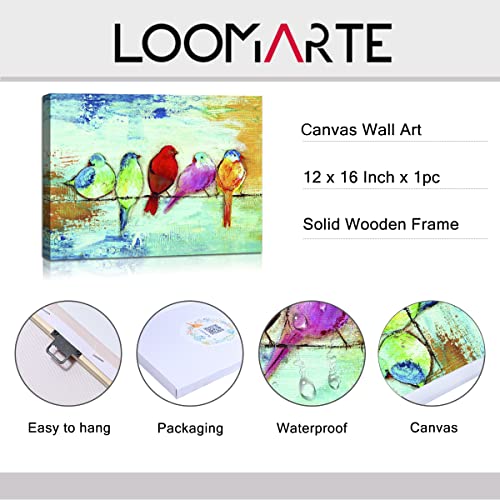 Loomarte Bird Pictures Wall Decor Five Singing Birds Oil Painting Canvas Print Artwork Abstract Painting Walls Art for Home Bathroom Bedroom Kitchen Living Room Ready to Hang, Framed 12x16 inch Panel