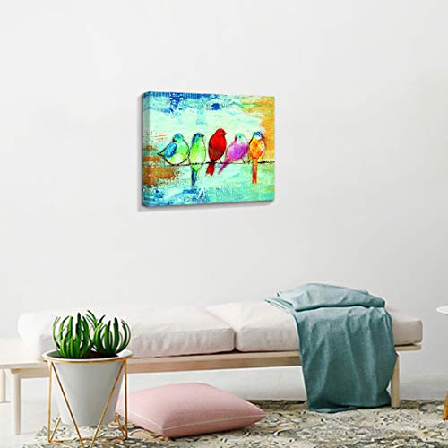 Loomarte Bird Pictures Wall Decor Five Singing Birds Oil Painting Canvas Print Artwork Abstract Painting Walls Art for Home Bathroom Bedroom Kitchen Living Room Ready to Hang, Framed 12x16 inch Panel