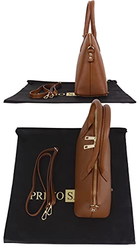 PRIMO SACCHI Italian Textured Dark Tan Leather Bowling Style Tote Grab Shoulder Bag Handbag Purse