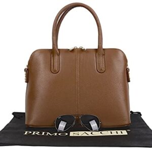 PRIMO SACCHI Italian Textured Dark Tan Leather Bowling Style Tote Grab Shoulder Bag Handbag Purse