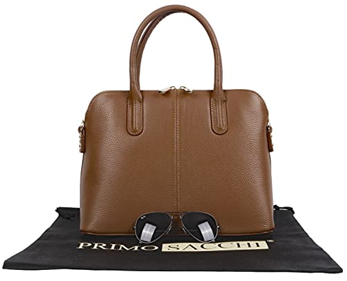 PRIMO SACCHI Italian Textured Dark Tan Leather Bowling Style Tote Grab Shoulder Bag Handbag Purse