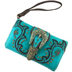 Justin West Patina Girl Western Bronze Floral Buckle Handbag Purse Tote and Strap Wallet (Turquoise Handbag and Wallet)