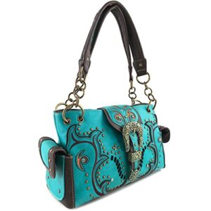 Justin West Patina Girl Western Bronze Floral Buckle Handbag Purse Tote and Strap Wallet (Turquoise Handbag and Wallet)