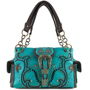 Justin West Patina Girl Western Bronze Floral Buckle Handbag Purse Tote and Strap Wallet (Turquoise Handbag and Wallet)