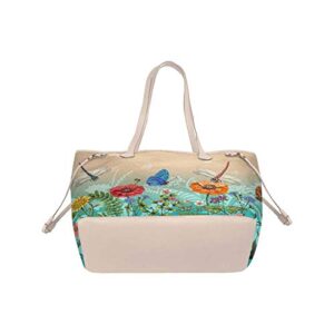 InterestPrint Womens Handbags Ladies Purses Shoulder Bags Tote Bag S-ummer Dragonflies Butterflies Flower Grass