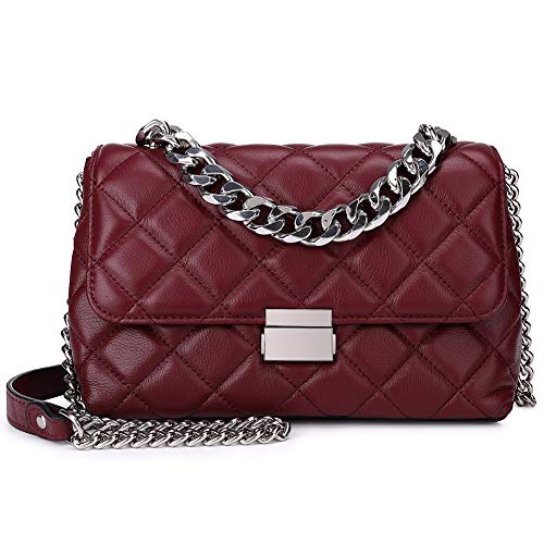 DORIS&JACKY Leather Quilted Shoulder Handbags Classical Crossbody Purse with Metal Chain Wine Red