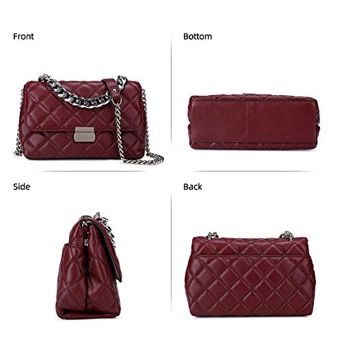 DORIS&JACKY Leather Quilted Shoulder Handbags Classical Crossbody Purse with Metal Chain Wine Red